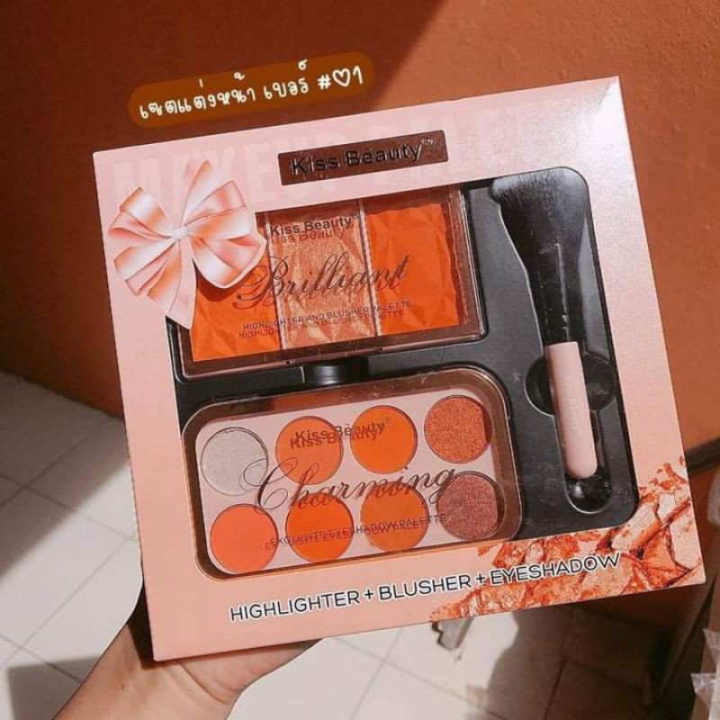 Kiss Beauty Blusher + Highlight + Eyeshadowยกชุดงานเซ็ทแต่งหน้าโทนส้มอ ...