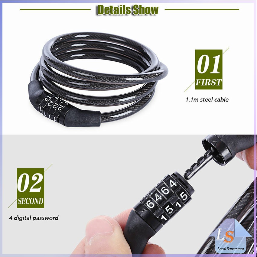 [A661] สายล็อคอเนกประสงค์ สายล็อคจักรยาน สายล็อครหัส 4 ตัว Four-digit ...