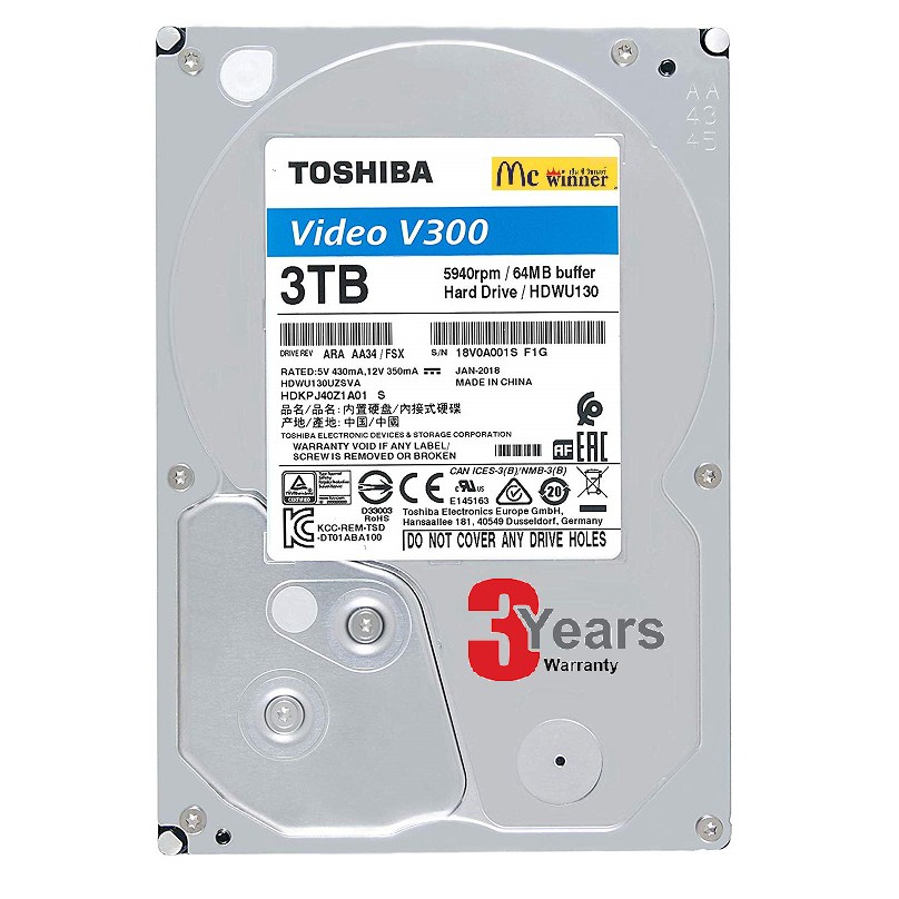 3TB HDD (ฮาร์ดดิสก์) TOSHIBA V300 5940RPM 64MB SATA3 ( HDWU130UZSVA ...