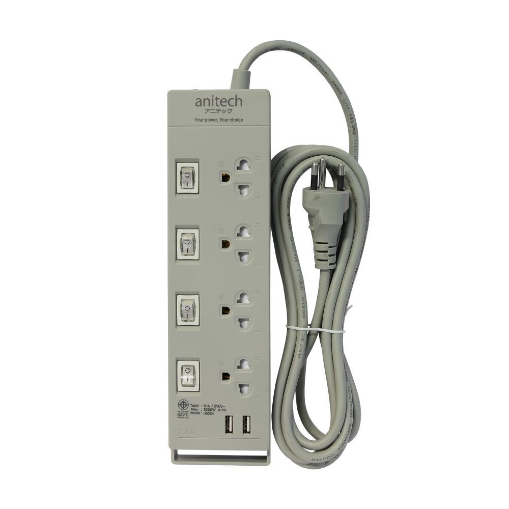Anitech Plug ปลั๊ก มอก ปลั๊กไฟ 4ช่อง 4สวิตซ์ USB 3เมตร / 5เมตร มีระบกัน ...