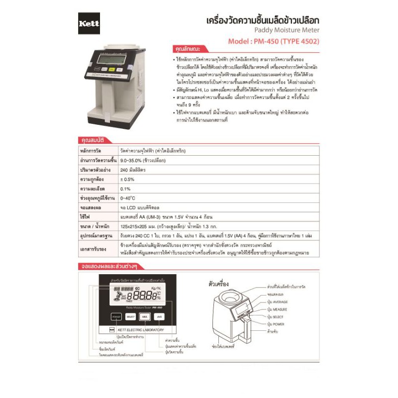 เครื่องวัดความชื้นเมล็ดข้าว KETT PM-450 (TYPE 4502) | Shopee Thailand