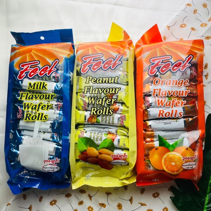 🍊Feel wafer rolls🥜 ขนมเวเฟอร์ ยี่ห้อ feel รสส้ม🍊 รสถั่ว🥜 รสนม🥛รสข้าวโพด ...