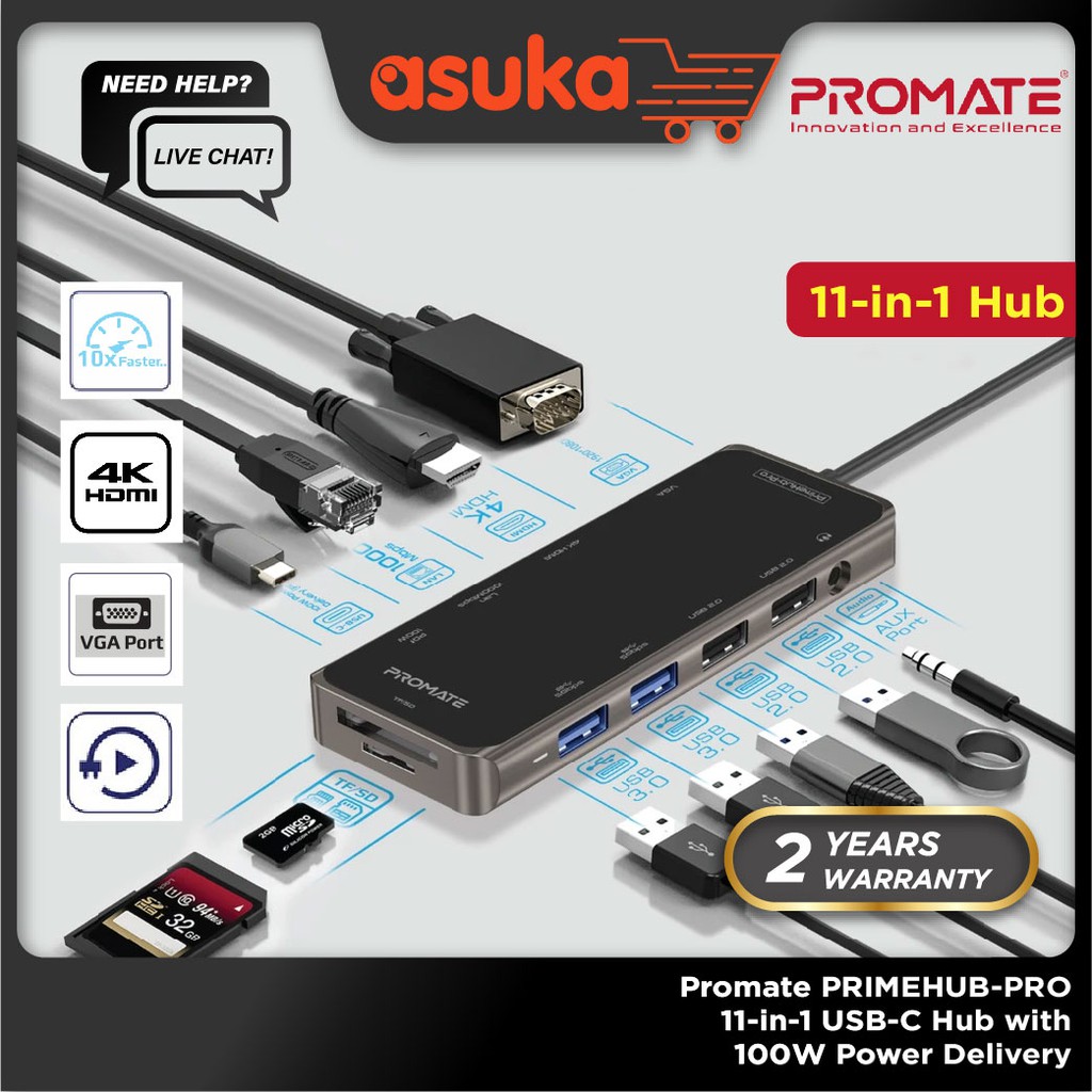 Promate PRIMEHUB-PRO 11-in-1 ฮับ USB-C พร้อมพาวเวอร์จัดส่ง 100W • 4K ...