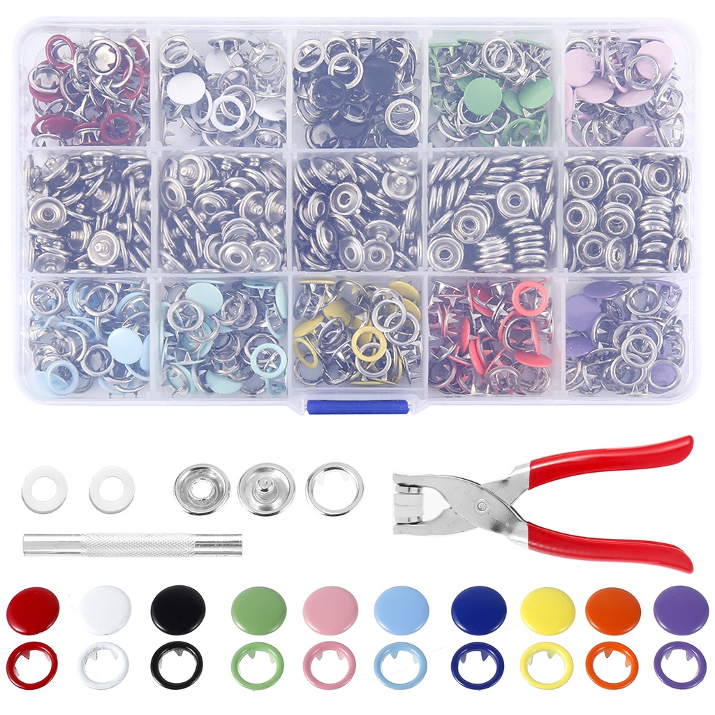 200 Sets 10 Colors Snap Fasteners Kit Metal Hollow and Solid Five Claw ...