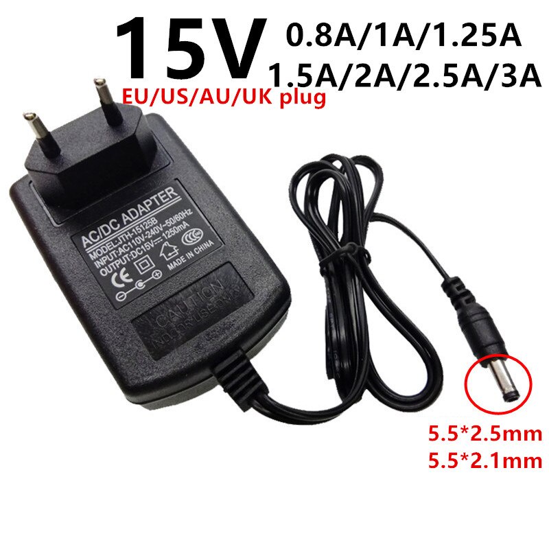 อะแดปเตอร์พาวเวอร์ซัพพลาย 15V 15volt AC DC 15 V 0.8A 800mA 1A 1.25A 1250mA 1.5A 2A 2.5A 3A DC5.5 ...