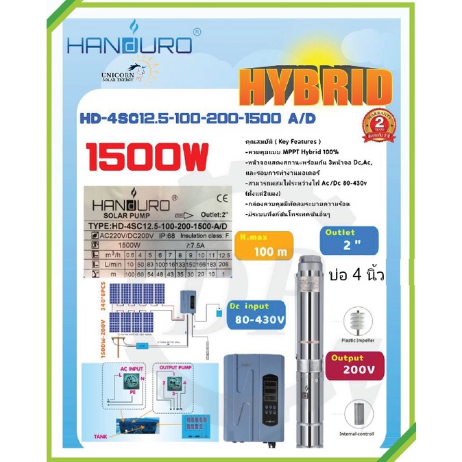 AC/DC ปั้มบาดาล “Handuro” 1500W ท่อออก 2 นิ้ว บ่อ 4 นิ้ว รุ่น HD-4SC12 ...