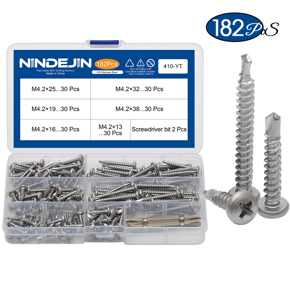 NINDEJIN 182pcs สกรูเกลียว ปลายสว่าน หัวเวเฟอร์/หัวร่ม P M 4.2 410 สกรูสแตนเลส | Shopee Thailand