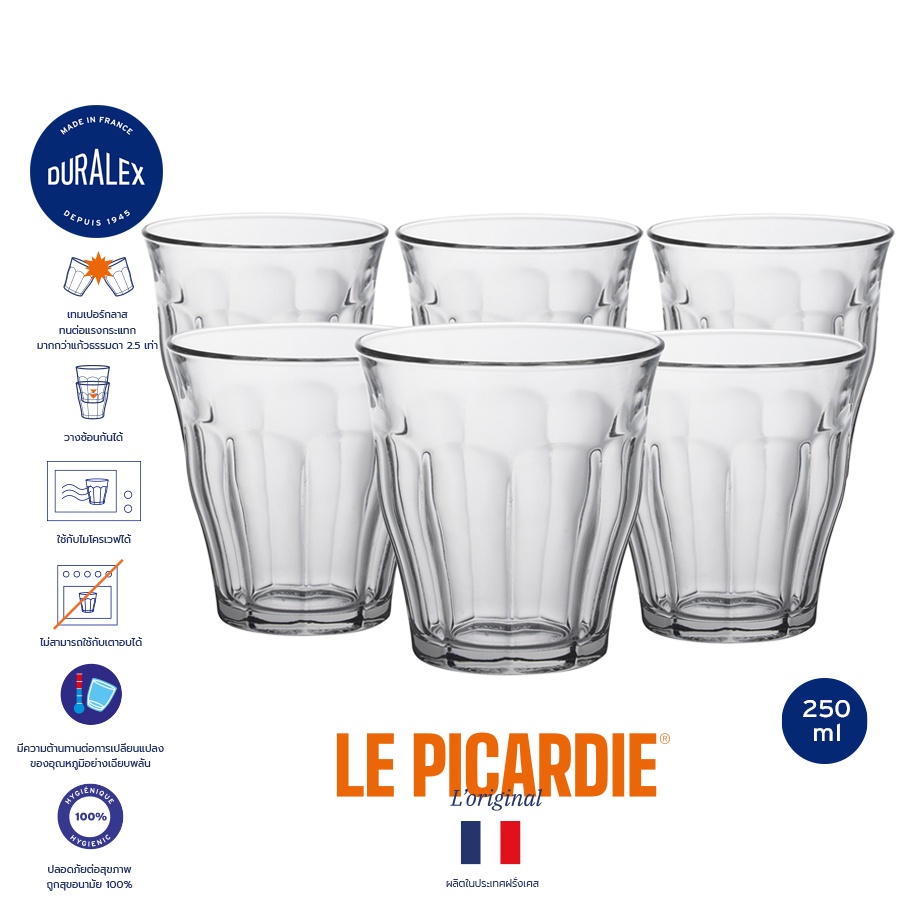 Duralex Picardie 250 ml (กล่อง 6 ใบ) แก้วน้ำ กาแฟ ชา วางซ้อนกันได้ tempered glass | Shopee Thailand