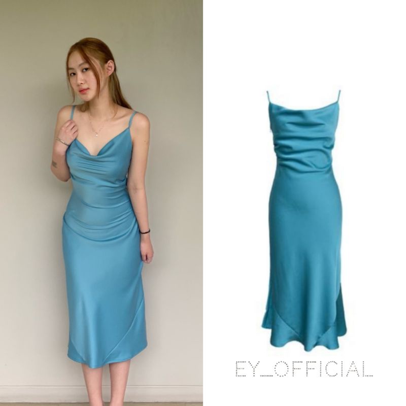 Ey_official#507#พร้อมส่งชุดเดรสคลุมเข่าสายเดียวคอถ่วง(สายปรับได้)ผ้าซา ...