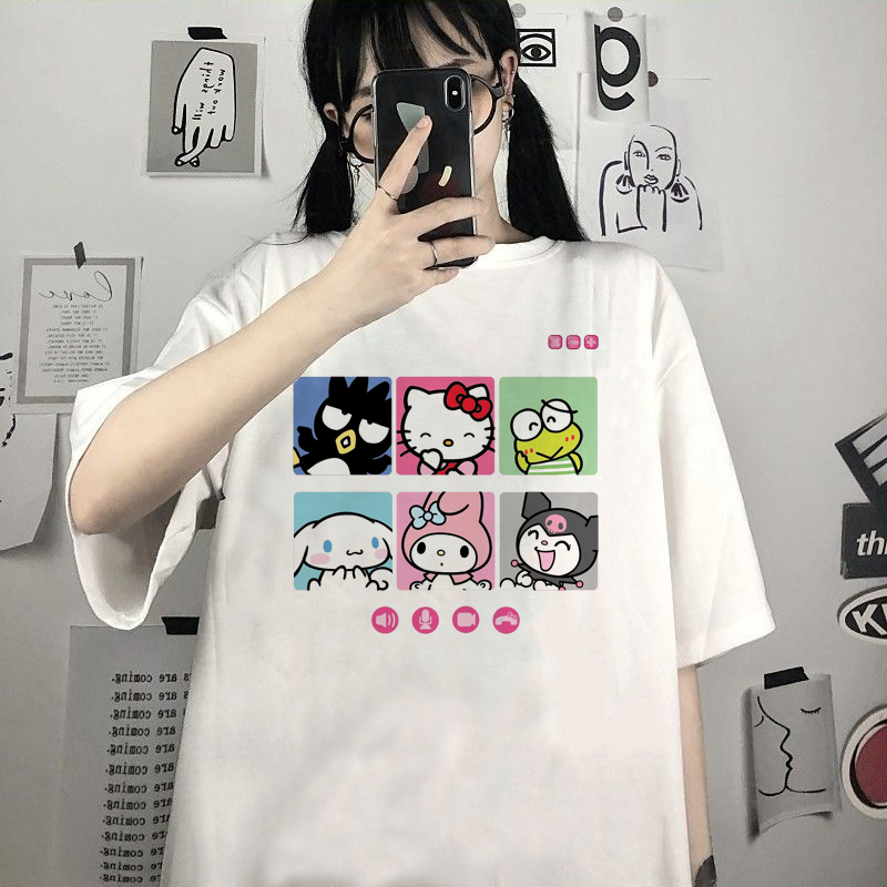 การ์ตูนพิมพ์ holley kitty และ Kuromi และ Cinnamoroll เสื้อยืดเสื้อฤดู ...