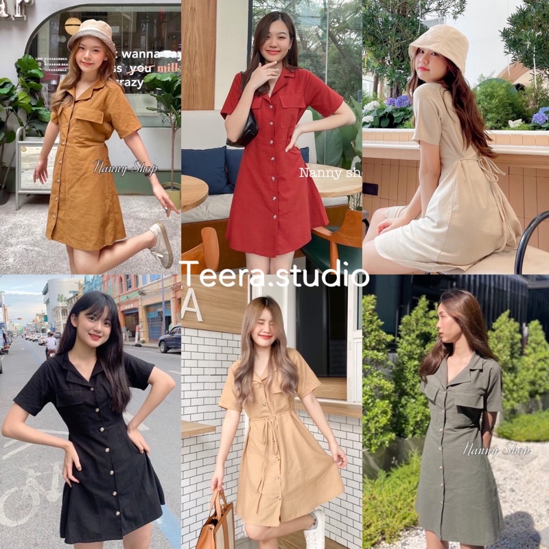 Teera ️พร้อมส่ง Mochi dress🍎เดรสคอปกฮาวายผ้าลินิน แต่งกระเป๋า2ข้าง ...