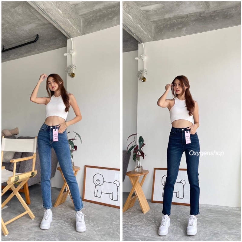 กางเกงยีนส์ ทรงบอยสลิม เอวสูง ผ้ายืด ใส่สบาย งานป้าย Chuu 5 kg Jean | Shopee Thailand