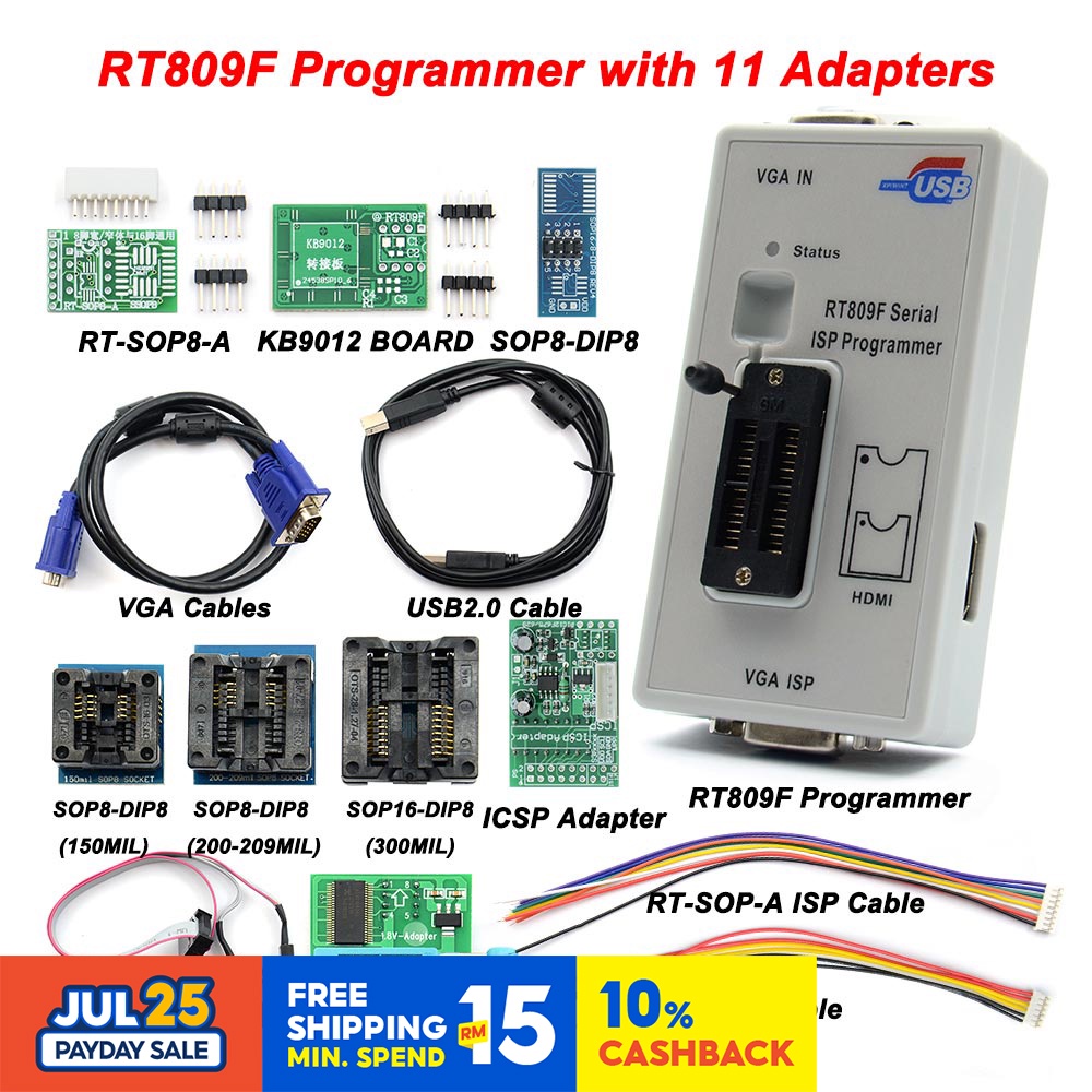 ⭐⭐⭐Rt809f เครื่องมือซ่อมแซมโปรแกรมเมอร์ Serial isp 24-25-93 serise IC พร้อมอะแดปเตอร์ 12 ชิ้น ...