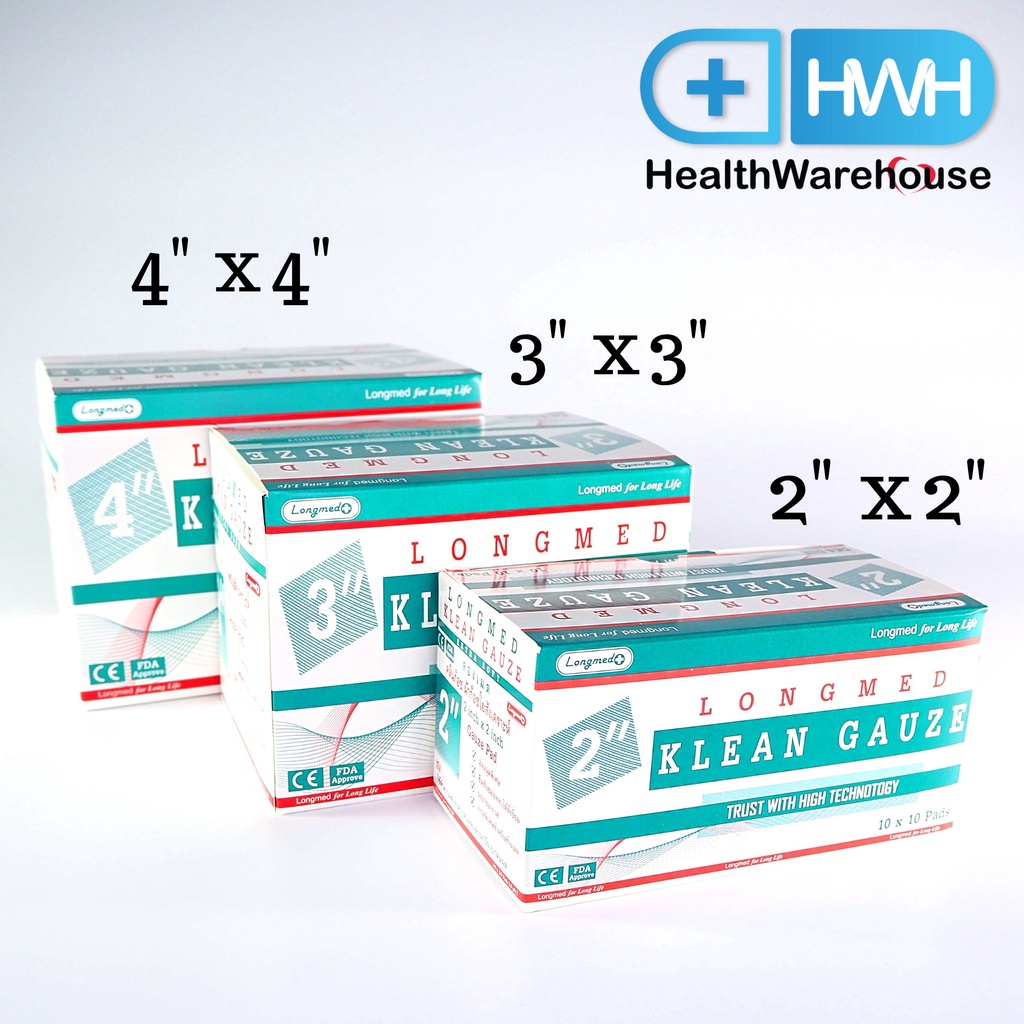 Longmed Klean Gauze 2 x 2 / 3 x 3 / 4 x 4 นิ้ว ( 10 ซอง / 1 กล่อง ) ลองเมด คลีนก๊อซ ผ้าก๊อชใย ...