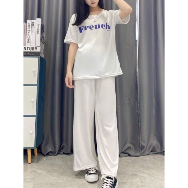 Bentoy(F2)ชุดเซ็ตแฟชั่นสีพื้น เสื้อคอกลมแขนสั้น กางเกงขายาวเอวยางยืดมีเชือก ผ้านิ่ม ยืดได้เยอะ ...