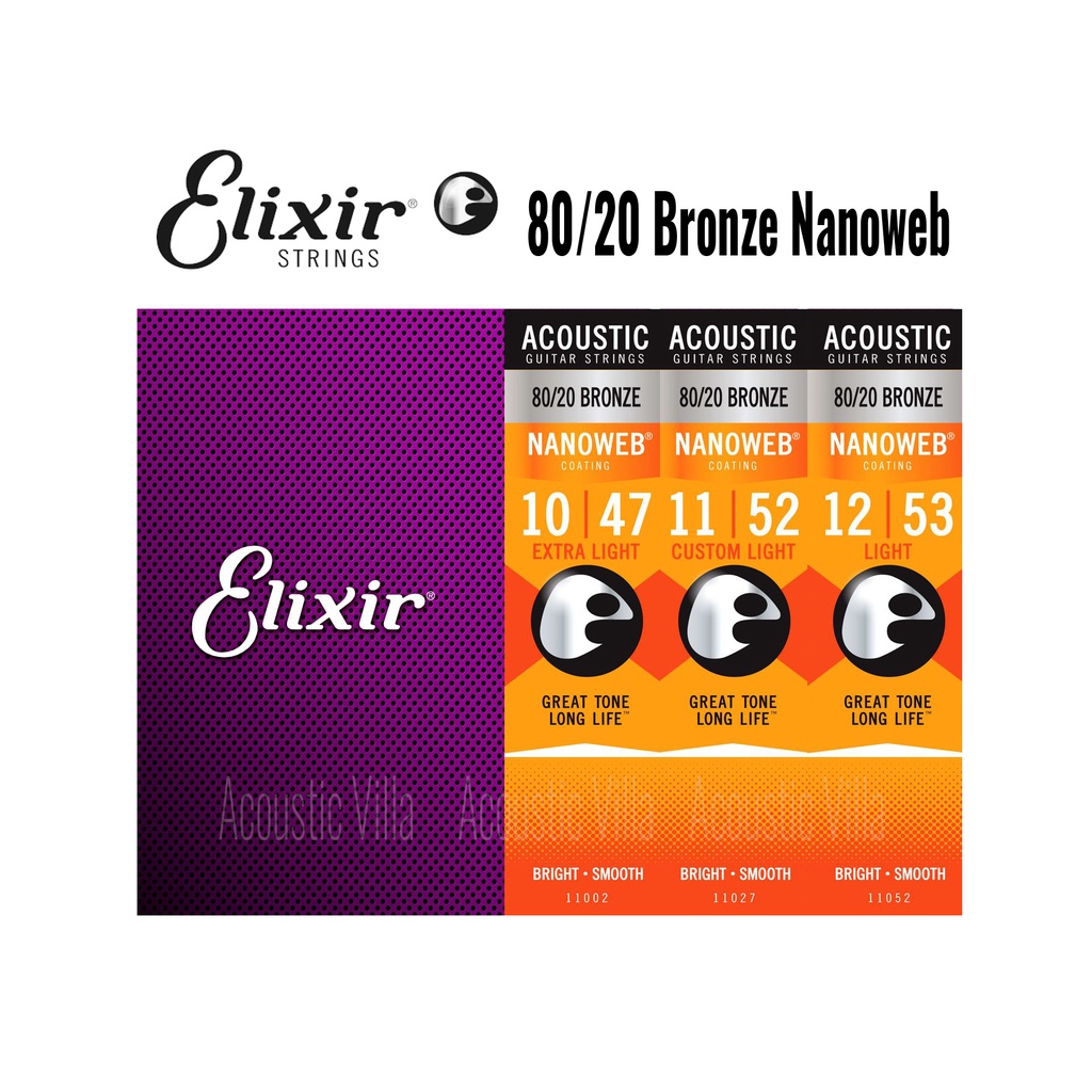 สายกีตาร์โปร่ง Elixir 80/20 Bronze Nanoweb Acoustic Guitar Strings ...