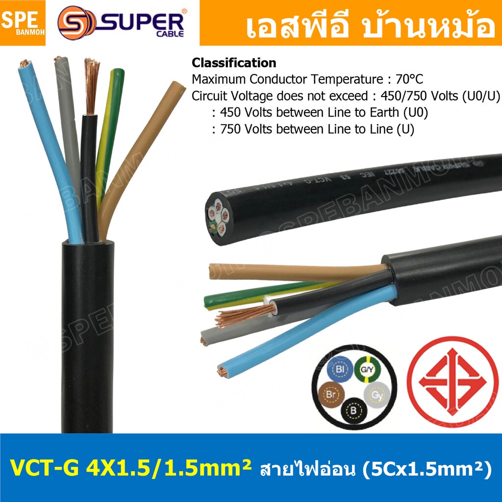 [ 1 เมตร ] VCT-G 4X1.5/1.5 สายคอนโทรลและสายอ่อน 4 คอร์ + กราวด์ x 1.5 sq.mm VCT 4C+GRD VCT 5คอร์ ...