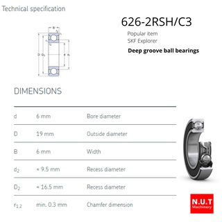 ตลับลูกปืนเม็ดกลมร่องลึก SKF 626-2RSH/C3 ฝายาง รองรับความเร็วรอบสูง ...