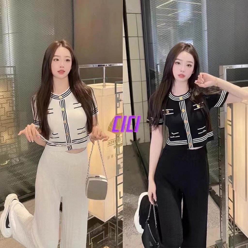 Cici(NO. 2067)SET 2ชิ้น เสื้อครอป+กางเกงขายาว ดีเทลสีขอบลายทาง สวยหรูหรา ดูแพงมากจ้าแม่ | Shopee ...