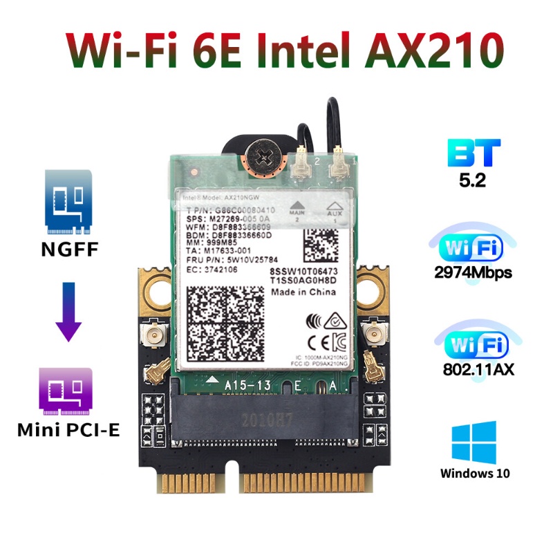 ชุดอะแดปเตอร์การ์ดไร้สาย PCI-E Wi-Fi 6E Intel AX210 2974Mbps บลูทูธ 5.2 ...