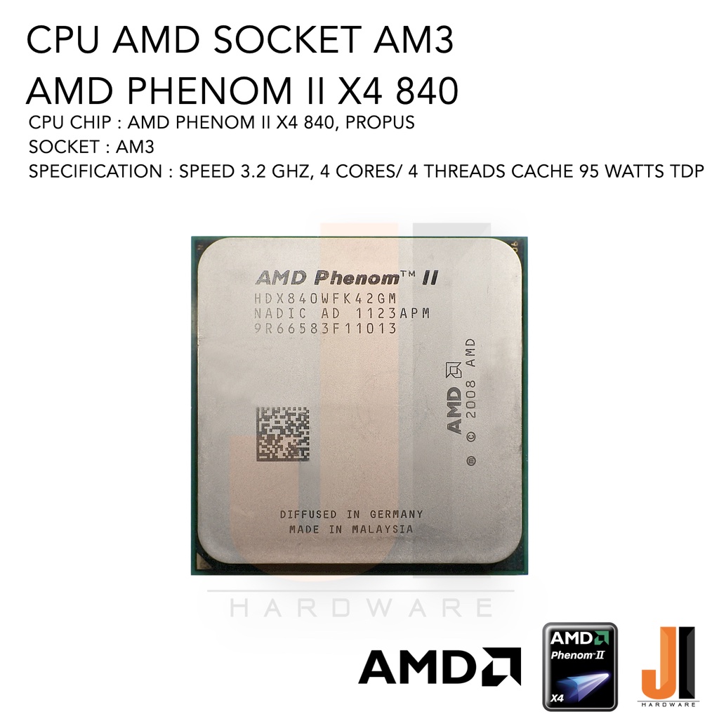 CPU AMD Phenom II X4 840 4 Cores/ 4 Threads 3.2 Ghz 95 Watts TDP No Fan ...