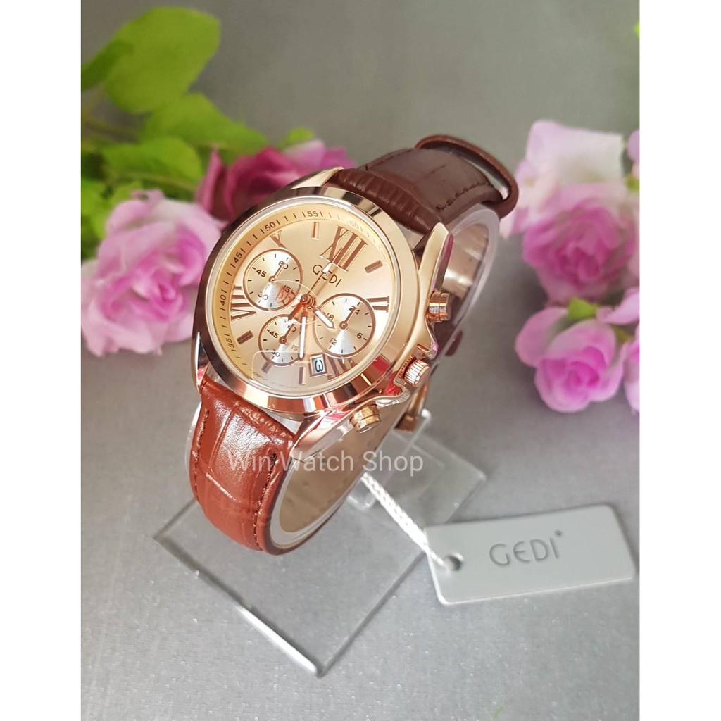 GEDI Watch หน้าปัดสไตล์ MK สุดฮิต สายหนังสีน้ำตาล- หน้าปัดสีพิงค์โกลด์ ...
