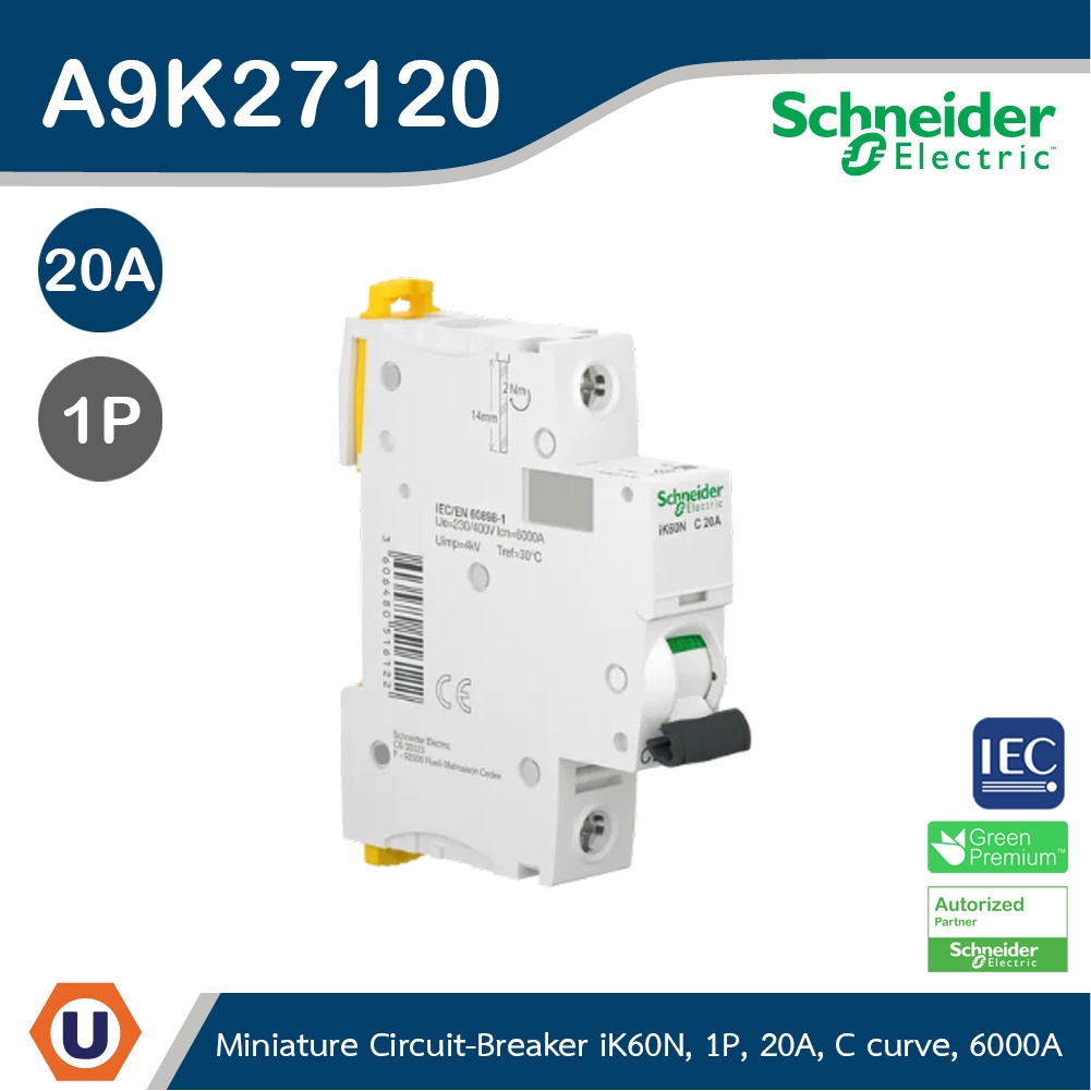 Schneider - A9K27120 Miniature Circuit-Breaker, Acti9 iK6ON, 1P, 20 A, C Curve, 6000 A (IEC ...
