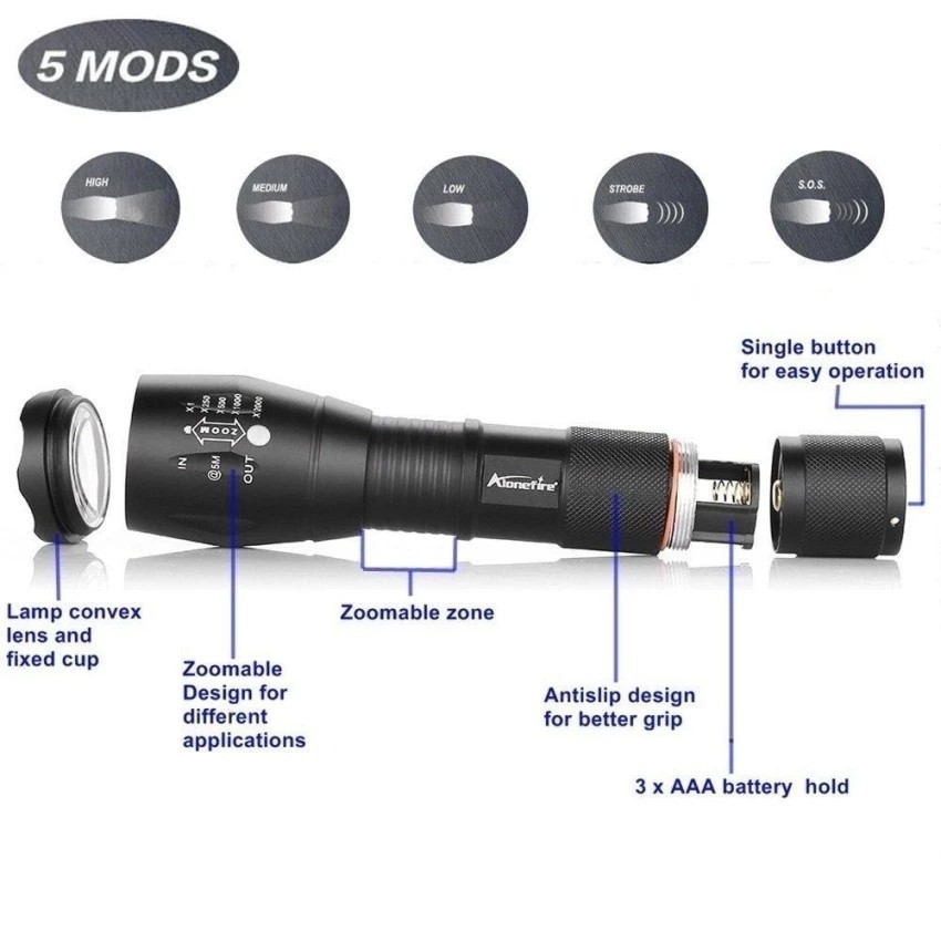 เทอร์โบไลท์ ไฟฉาย แรงสูง ซูมได้ Turbo Light Ultrafire 2200Lm CREE XML T6 LED Zoomable Flashlight ...