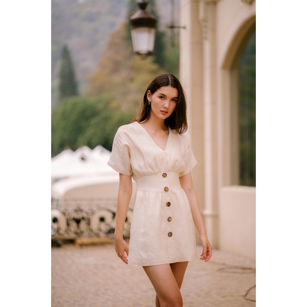 weerin honey dress เดรสสั้น เดรสลินิน แขนบาน แต่งกระดุม มีซับใน linen ...