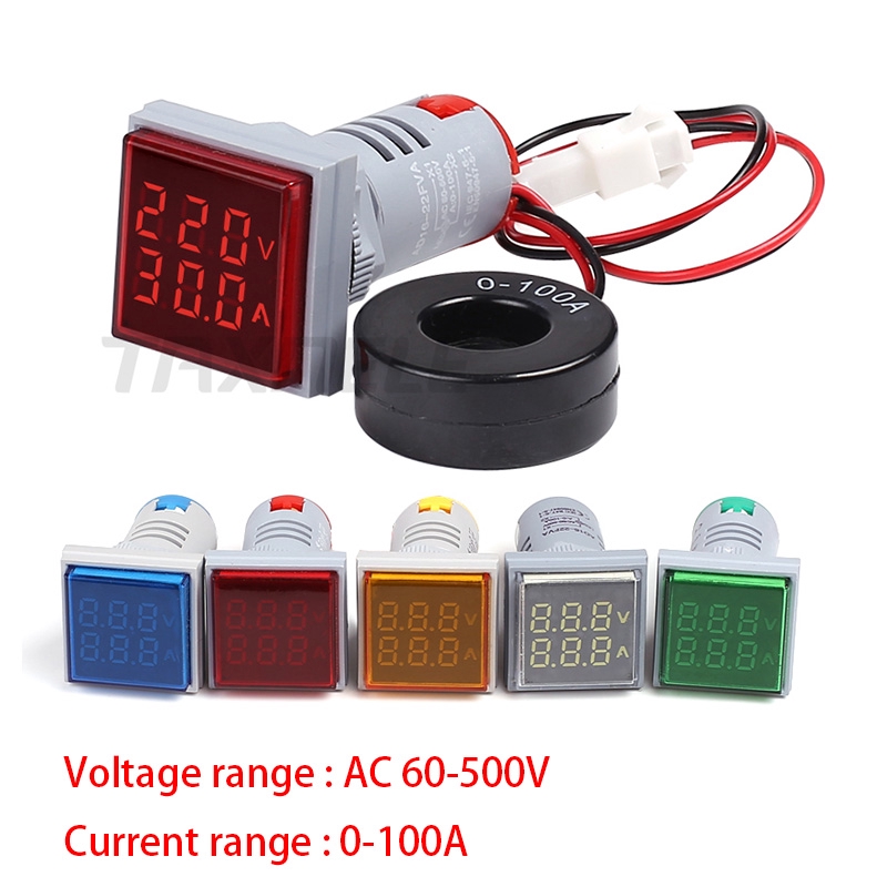 AC 60-500V 0-100A Square 22mm LED Digital Dual Display Ammeter Voltmeter Voltage Gauge Current ...