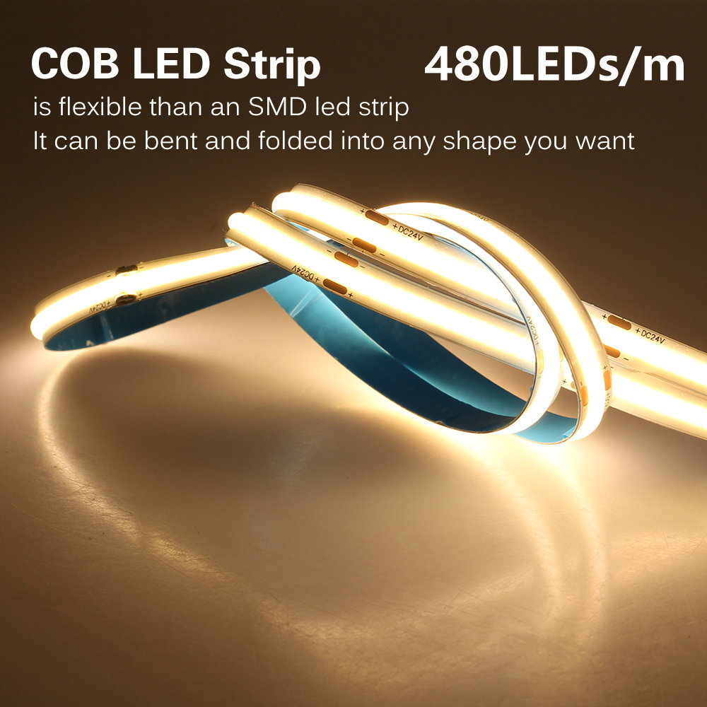 แถบไฟ LED COB ไฟเส้นสายยาว ความหนาแน่นสูง DC12V 24V นำไฟตกแต่ง 480 LEDs ...