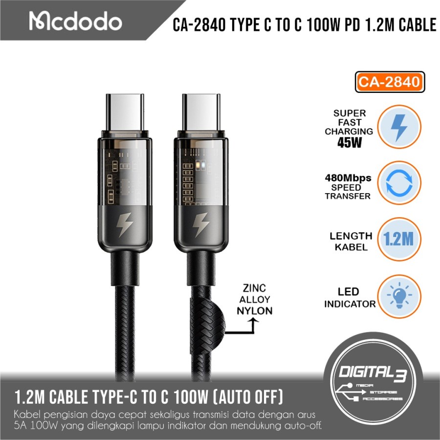 Mcdodo CA-2840 Data Cable PD USB Type C ถึง C Cable 1.2M ปิดอัตโนมัติ ...