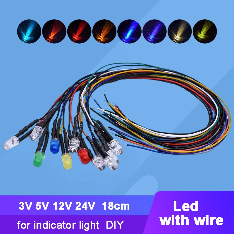 ไดโอด Led 3V 5V 9V 12V 24V พร้อมสายไฟ สําหรับไฟแสดงสถานะ งานฝีมือ DIY ...