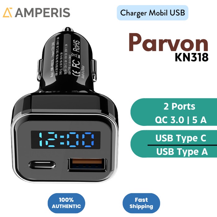 Parvon KN318 ที ่ ชาร ์ จแบตในรถ USB 2 พอร ์ ต | 5a QC 3.0 LCD | Shopee ...