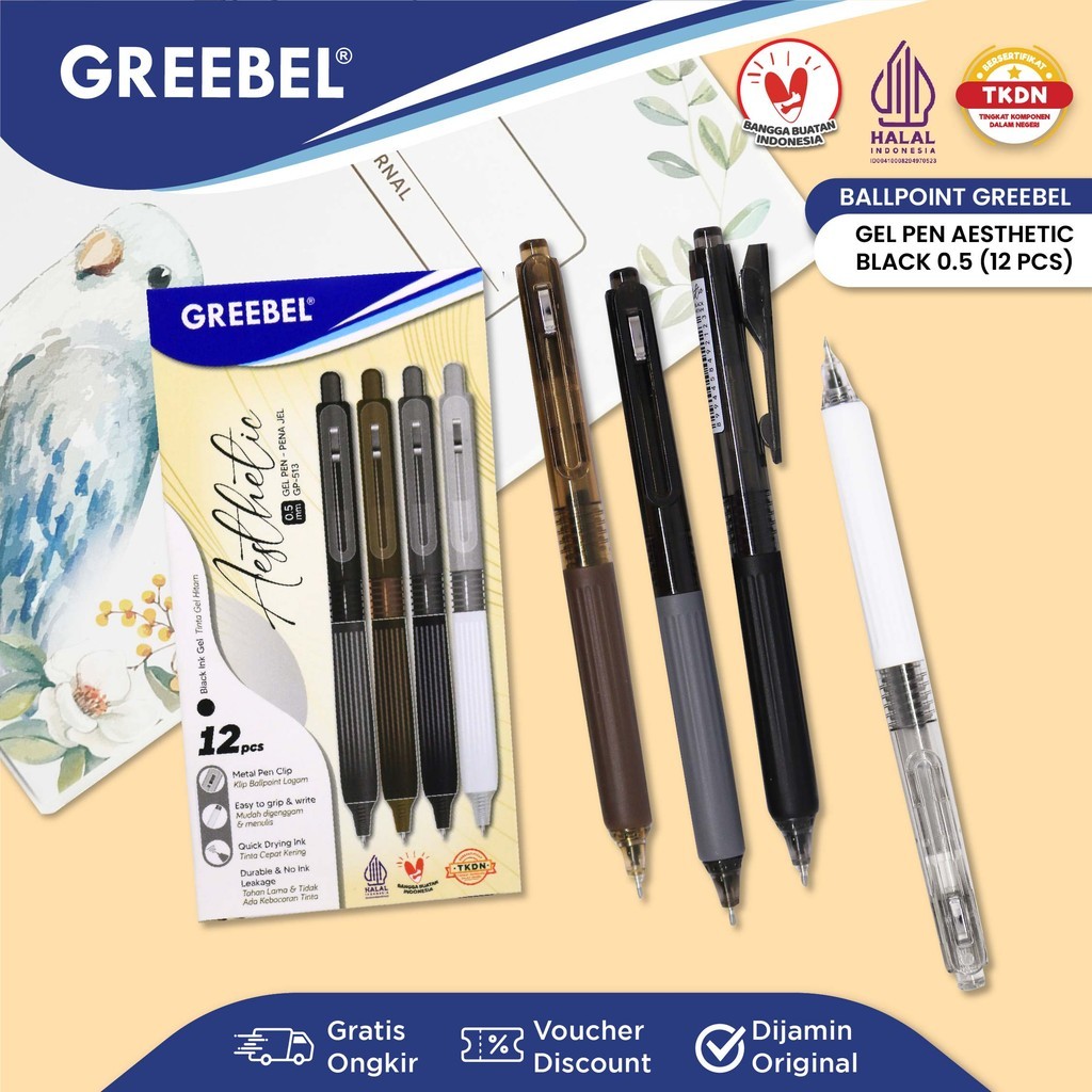 GREEBEL Gel Pen GP-513 Aesthetic 0.5 Black (12PCS/SET) / Gel Ballpoint ...
