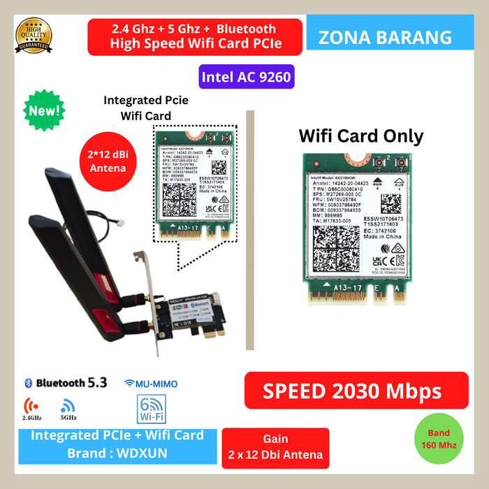 Intel AC9260 NGW การ์ด Wifi ความเร็วสูง PCIe 1x บลูทูธดูอัลแบนด์ ...