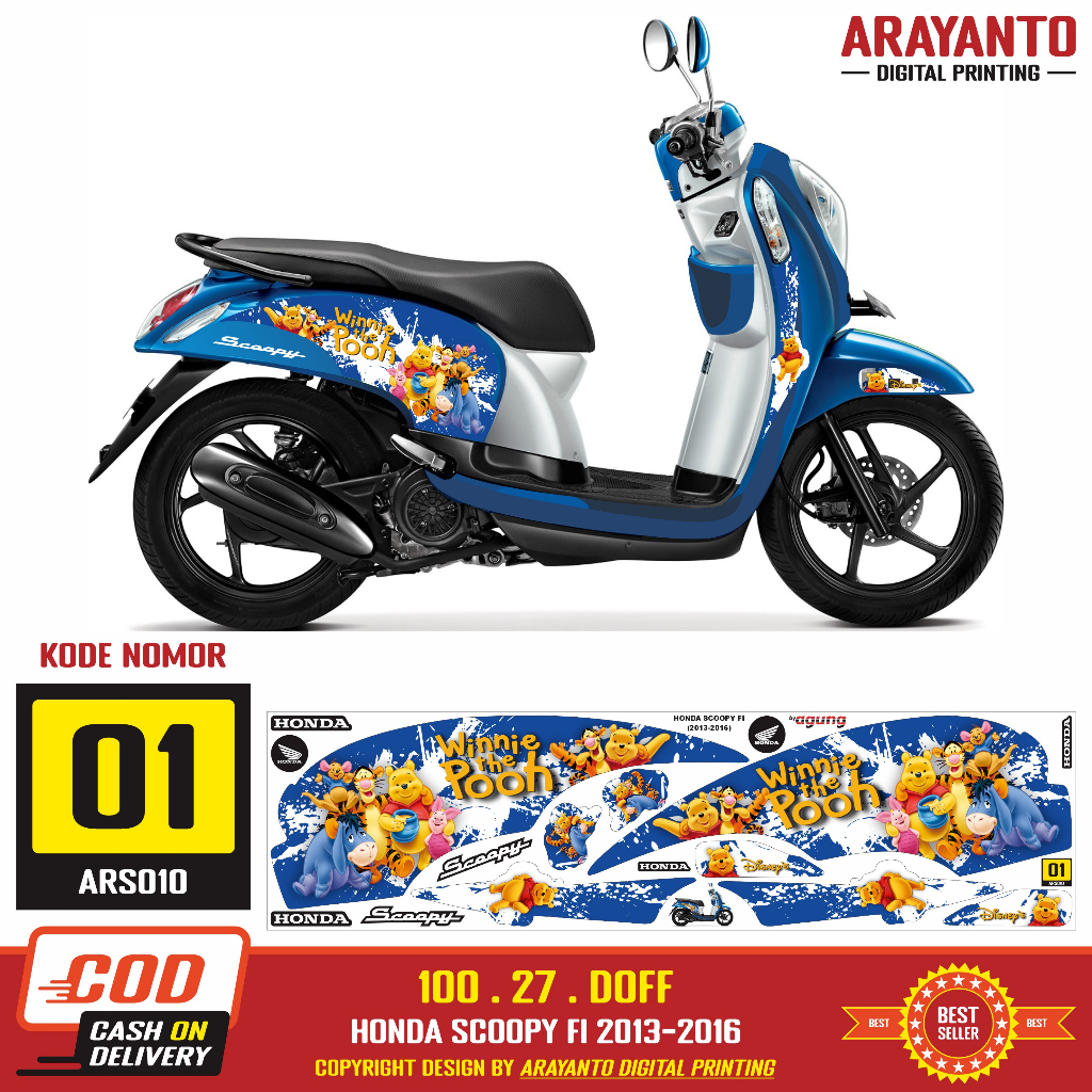 Honda Scoopy FI 2013-2016 ARS010 Winnie the Pooh DOFF Striping Sticker ...