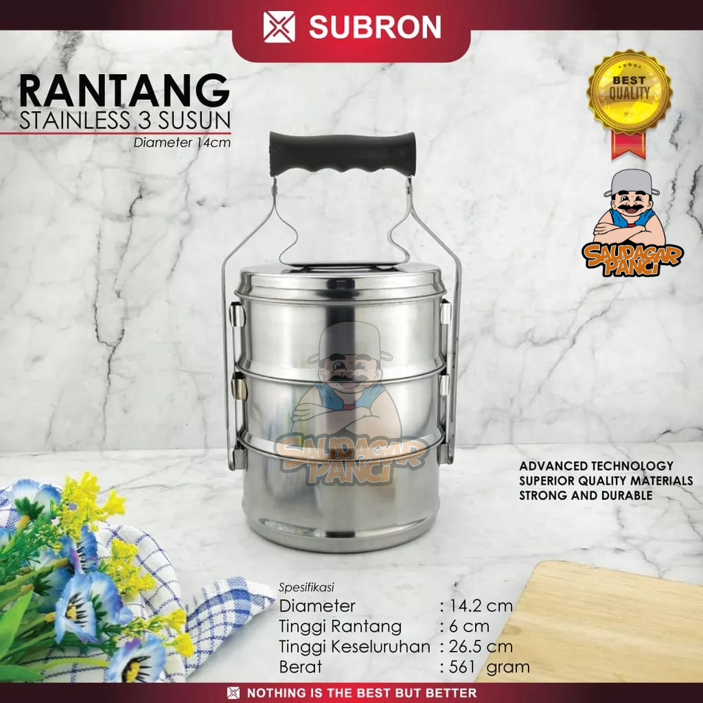Subron สแตนเลส Rantang 3 ชั้นเส้นผ่านศูนย์กลาง 14 ซม. อาหารผักกล่อง ...