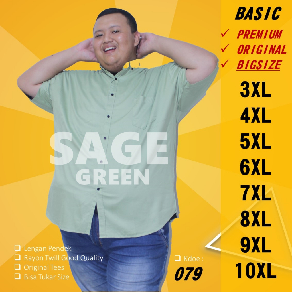 HIJAU KEMEJA KATUN ICW เสื้อเชิ้ตแขนสั้นผู้ชายจัมโบ้สีเขียว Sage สีเขียวเรยอนผ้าฝ้าย 2XL3XL4XL ...