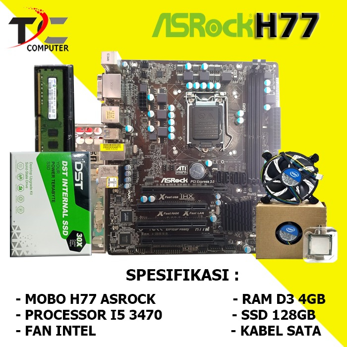 พัดลมโปรเซสเซอร์ Mobo H77 LGA 1155 DDR3 Plus RAM SSD I3 3220 I5 3470 ...