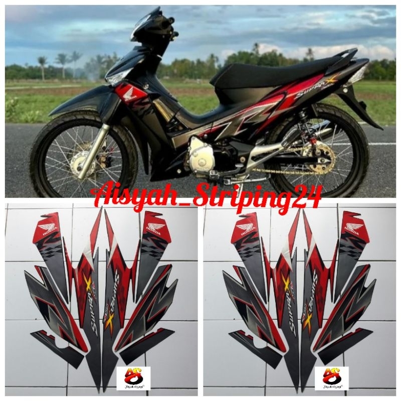 MERAH Honda Supra x 125 2010 สติ๊กเกอร์แถบตัดตัวถังเต็มสีดําและสีแดง ...