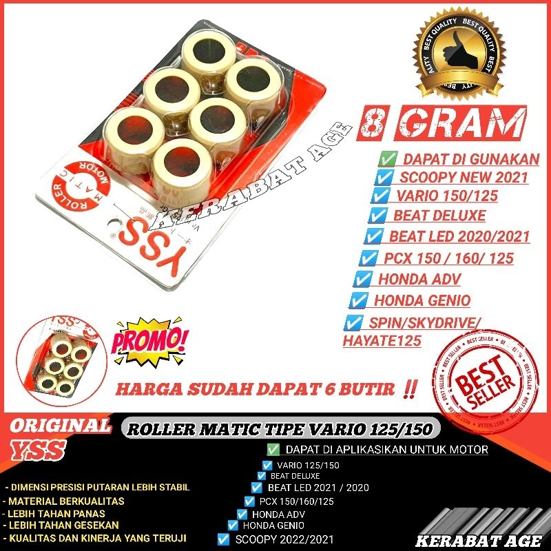 Yss ROLLER HONDA BEAT DELUXE VARIO 125 150 PCX GENIO ADV 8 Gram Gr ...