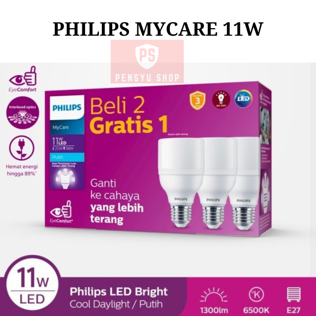 Putih Philips Multipack LED Mycare EyeComfort Bright 11W E27 6500K สีขาว | Shopee Thailand