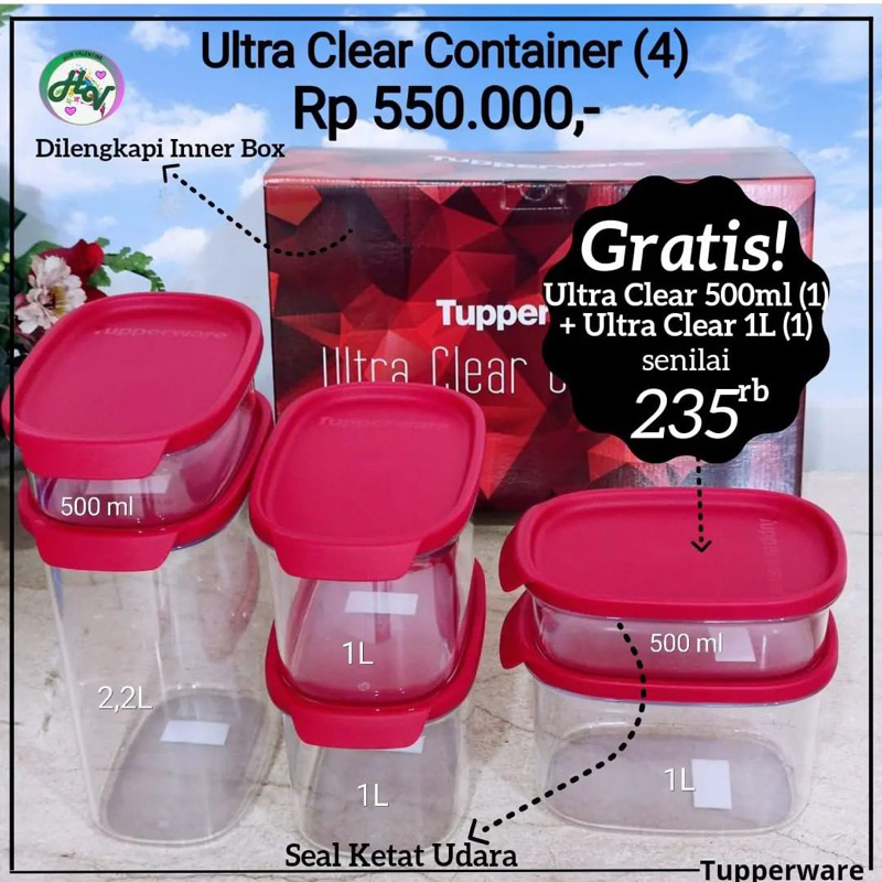 Tupperware ultra clear Container (4) แถมฟรี ultra clear 500ml และ 1L ...