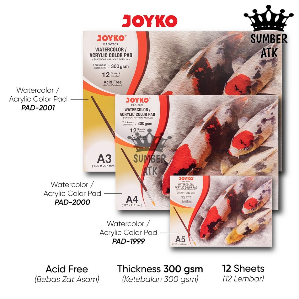 Joyko สีน้ํา PAD อะคริลิคสีน้ําวาดหนังสือ 300 แกรม 12 แผ่น PAD-1999 PAD-2000 PAD-2001 A5 A4 A3 ...