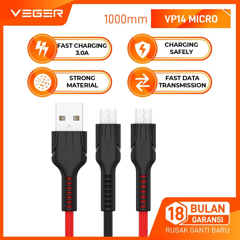 Veger สายเคเบิลข้อมูล MICRO USB VP-14 QC 3.0 ชาร์จเร็ว ความเร็วสูง 1000 มม. | Shopee Thailand