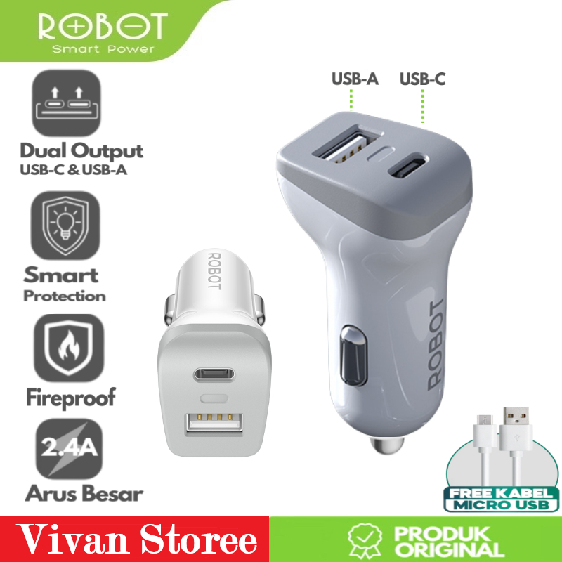 Robot Sever Mobil RT-C09 Car Charger Adapter 2.4A Dual Port USB-A & USB ...