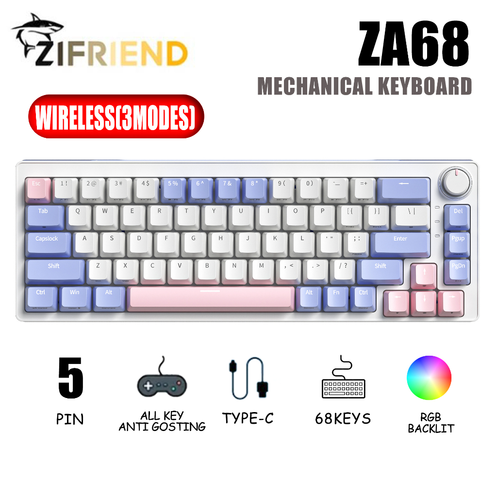 Zifriend ZA68 คีย์บอร์ดเล่นเกมไร้สาย 3 โหมด 5pin Hotswap Rgb Backlit ...