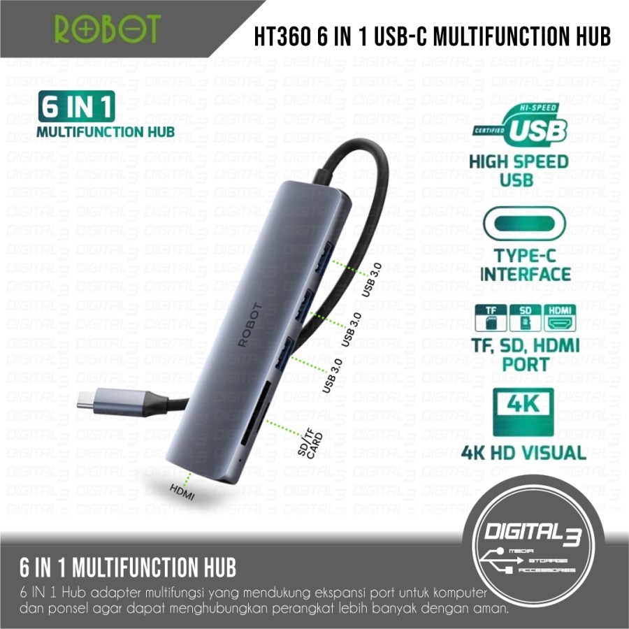 หุ่นยนต์ HT360 อะแดปเตอร์ฮับ USB-C 6 in 1 ตัวแปลงมัลติฟังก์ชั่นหลายพอร์ต HDMI 4K Flashdisk ...