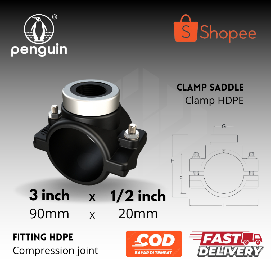 Hdpe ท่อ Connection Clamp Saddle ขนาด 3" x 1/2" นิ้ว หรือ 90mm x 20mm PENGUIN ยี่ห้อ COMPRESSION ...